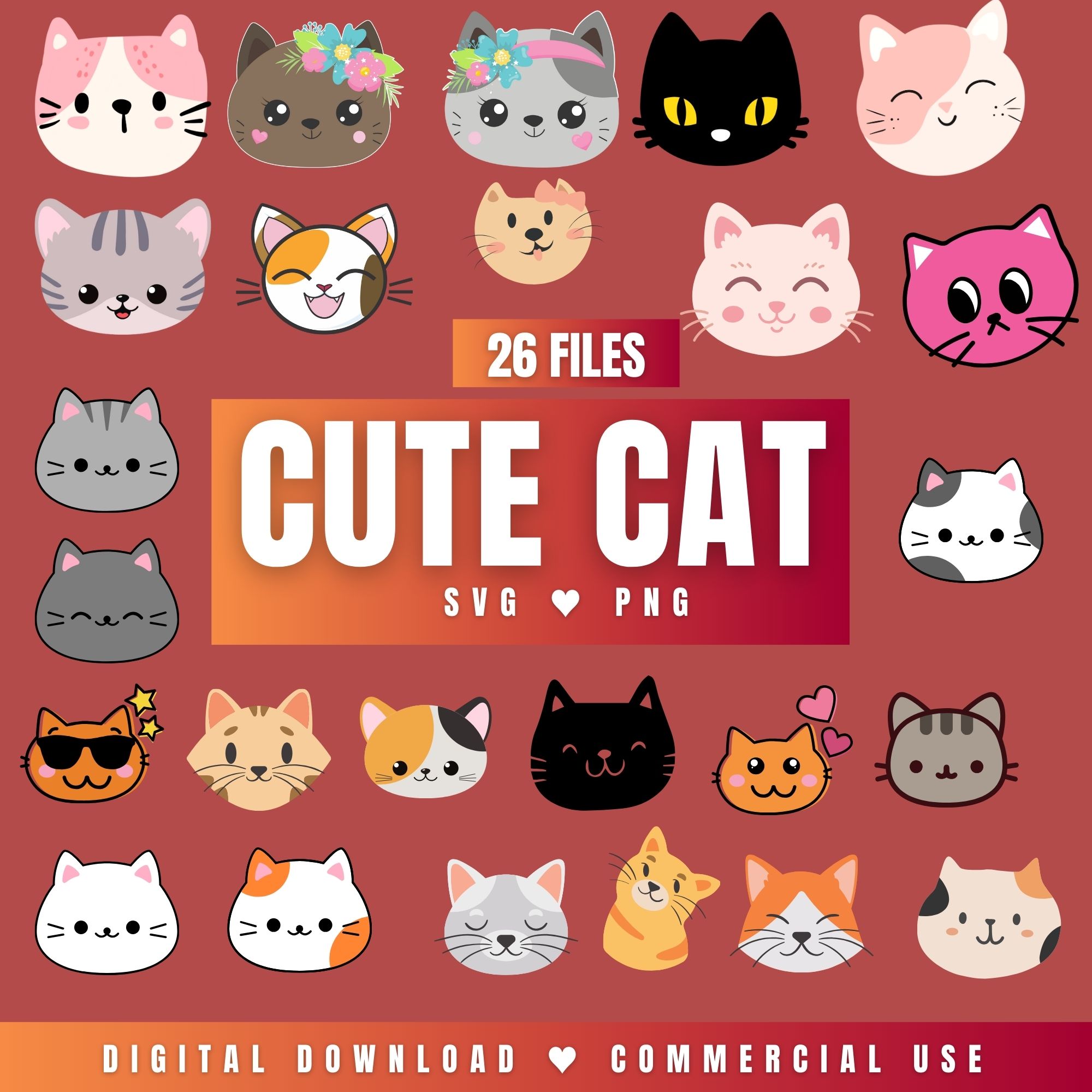 Cute cat face SVG PNG clipart bundle - FOMO DIGITAL Goodies